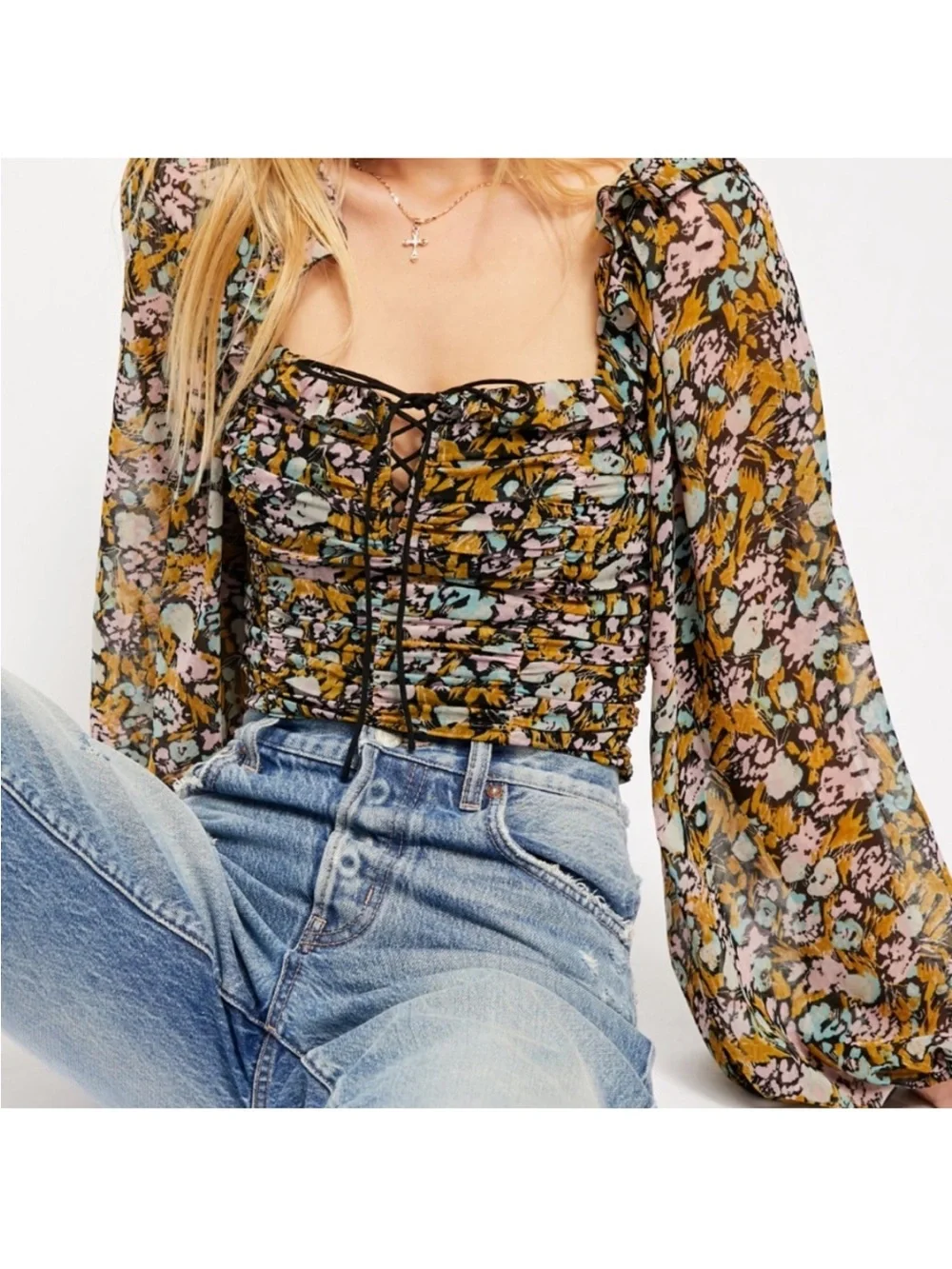 Free People | Tops | Free People Mabel Long Sleeve Floral Ruched Top ...
